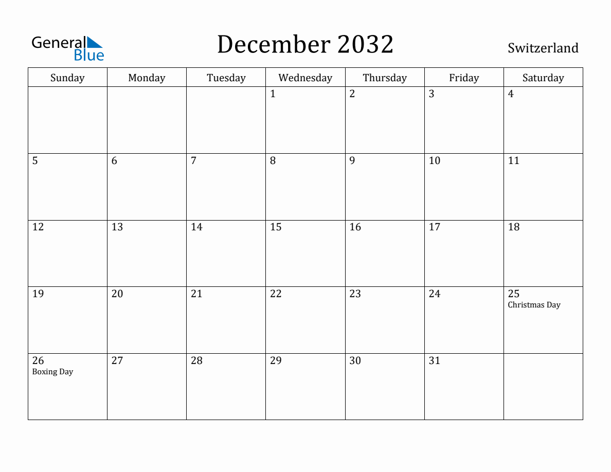 December 2032 Monthly Calendar with Switzerland Holidays