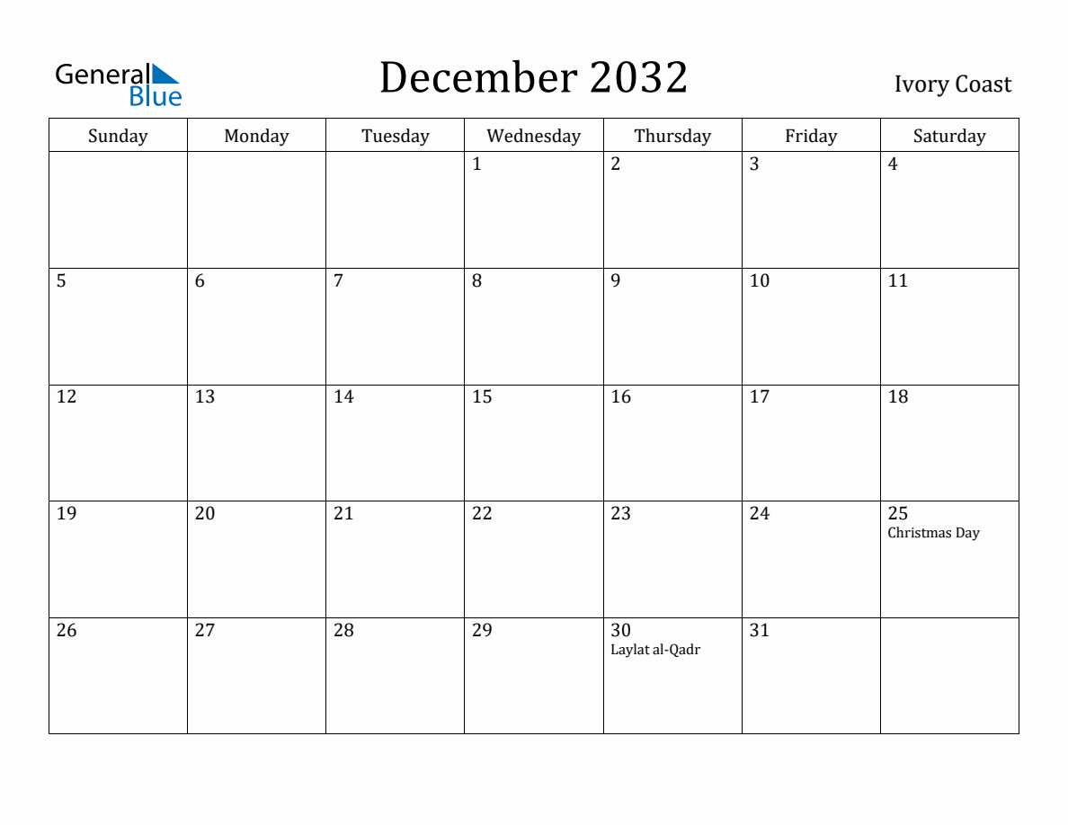 December 2032 Monthly Calendar with Ivory Coast Holidays
