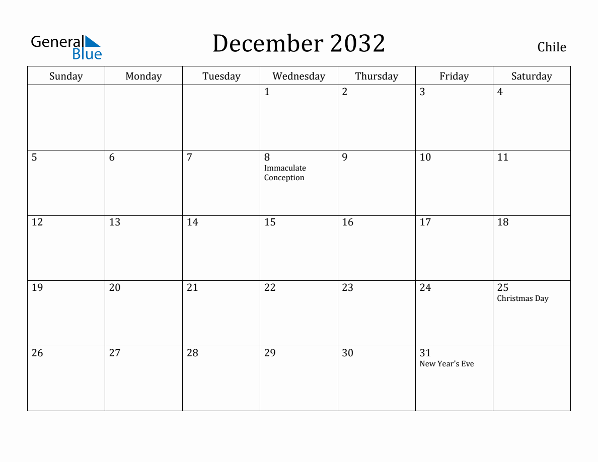 December 2032 Monthly Calendar with Chile Holidays