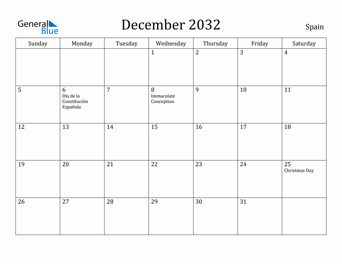 December 2032 Monthly Calendar with Spain Holidays