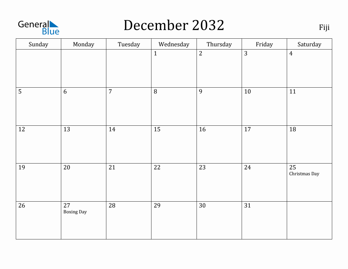 December 2032 Monthly Calendar with Fiji Holidays