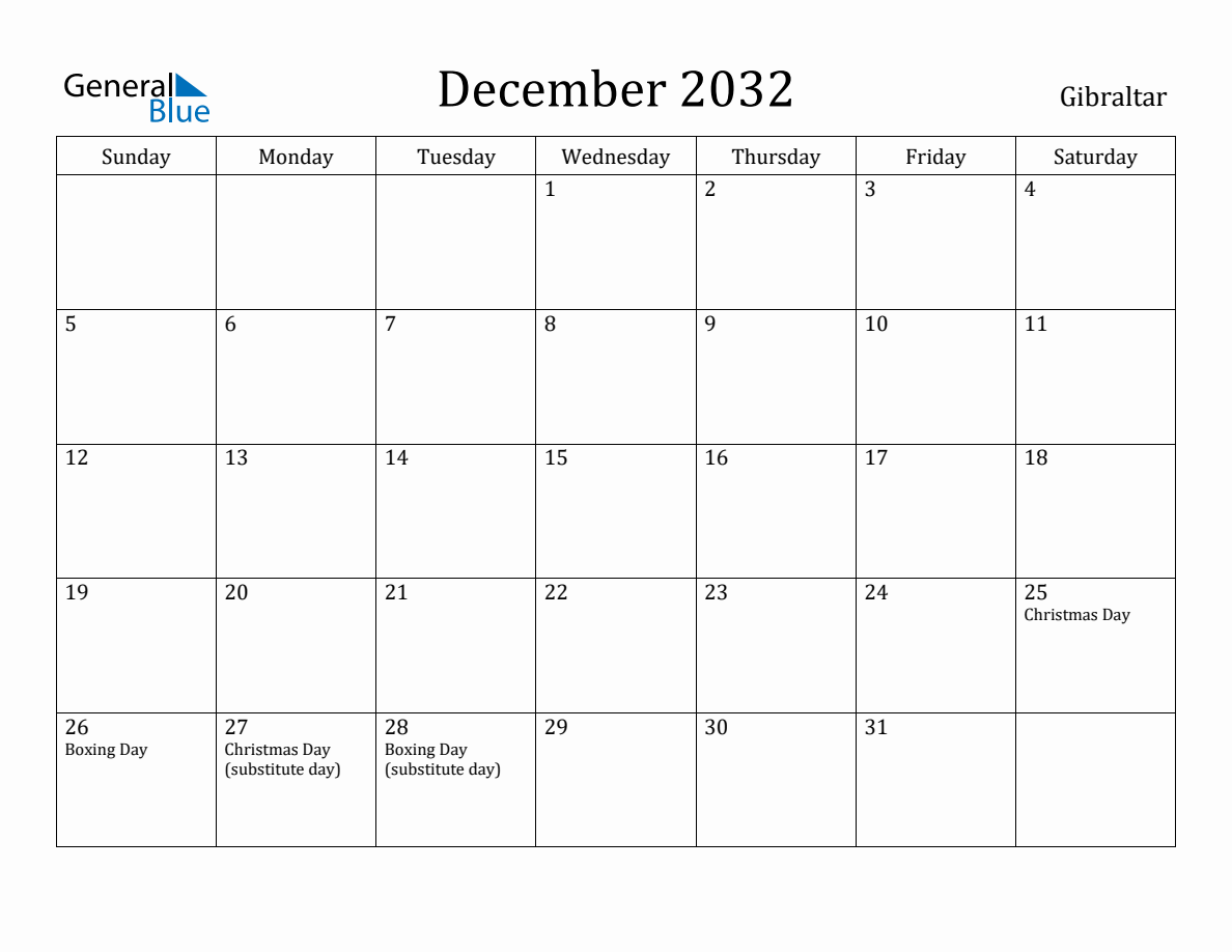 December 2032 Monthly Calendar with Gibraltar Holidays