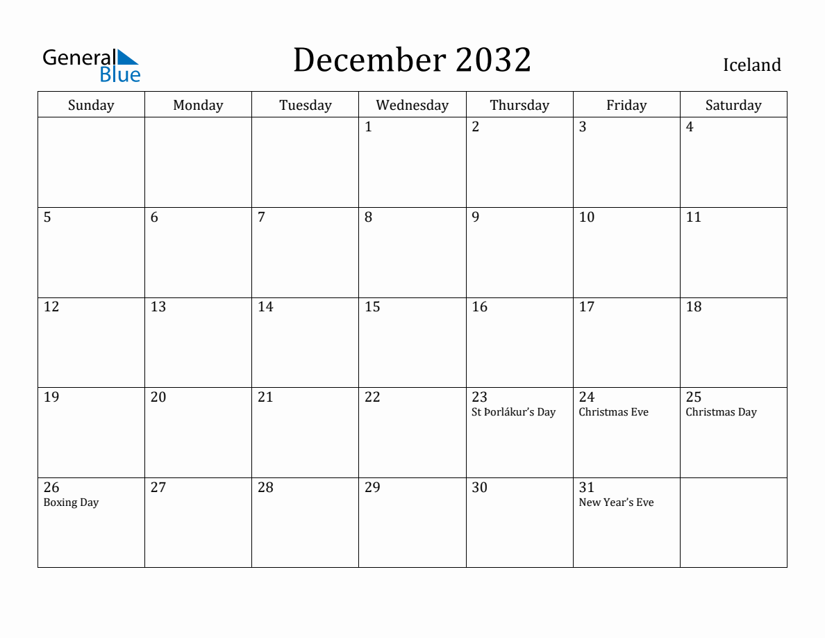 December 2032 Monthly Calendar with Iceland Holidays
