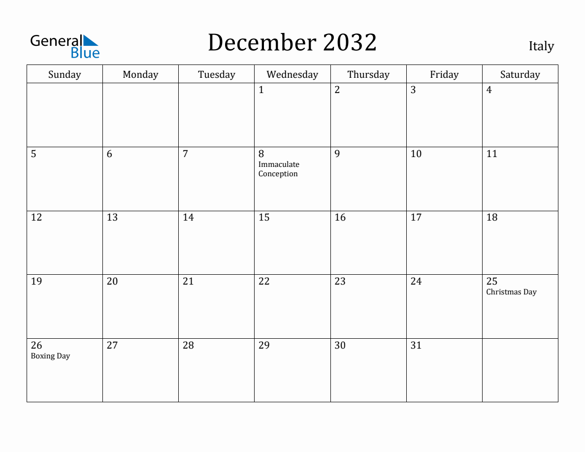 December 2032 Monthly Calendar with Italy Holidays