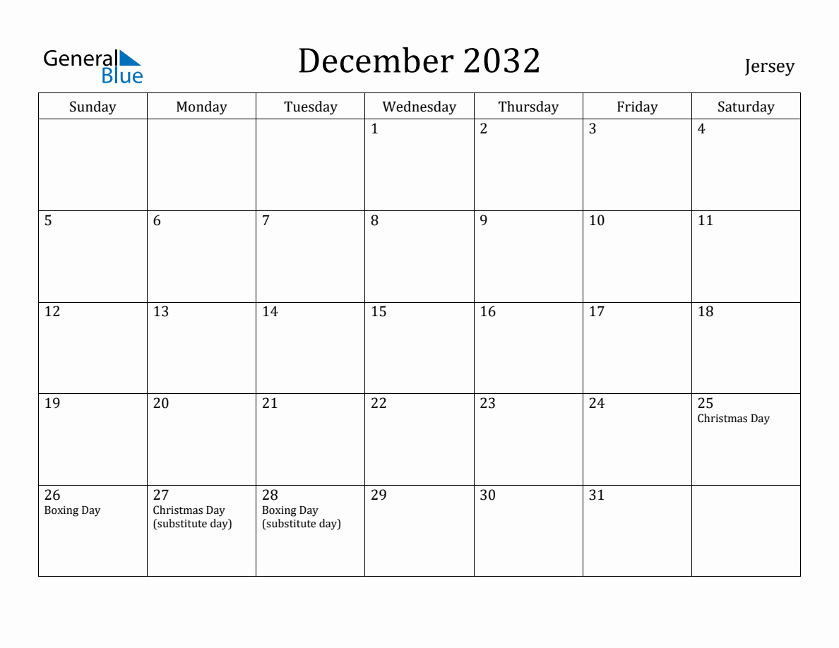 December 2032 Monthly Calendar with Jersey Holidays