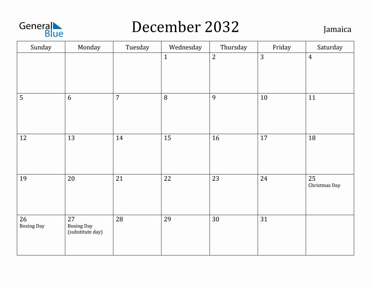 December 2032 Monthly Calendar with Jamaica Holidays