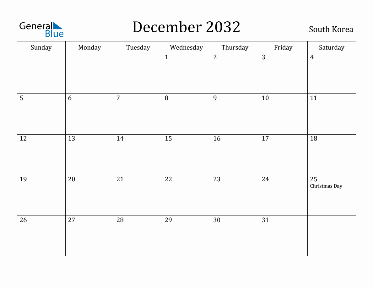 December 2032 Monthly Calendar with South Korea Holidays