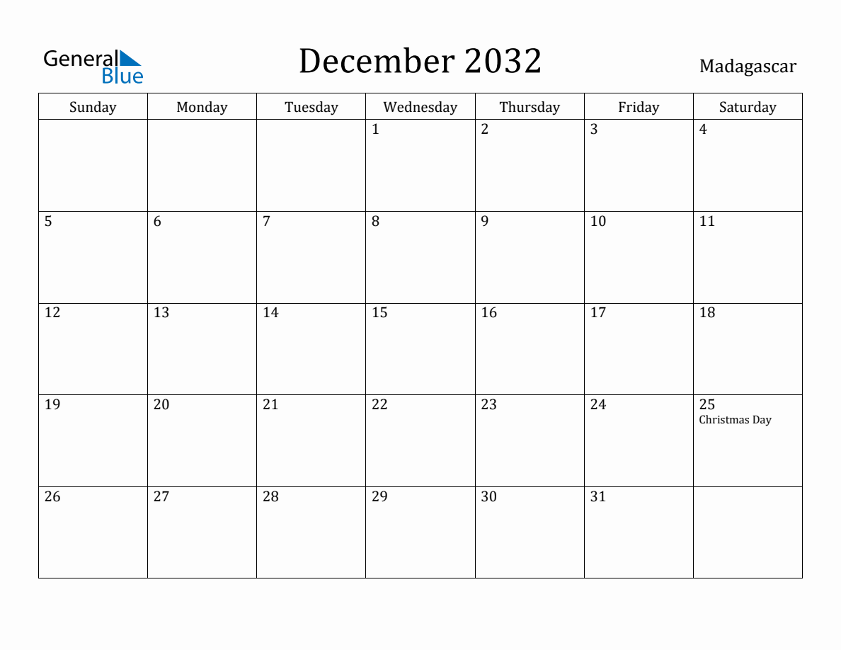 December 2032 Monthly Calendar with Madagascar Holidays