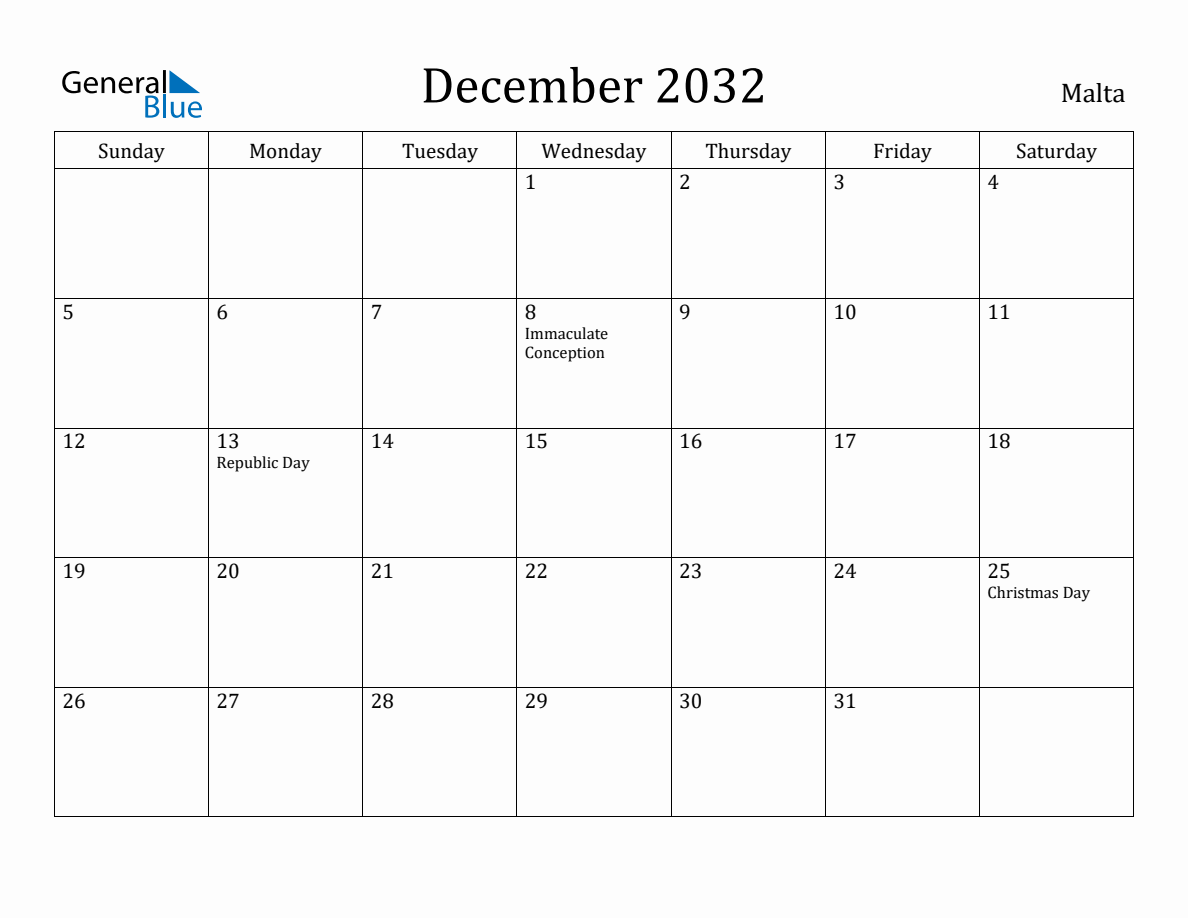 December 2032 Monthly Calendar with Malta Holidays