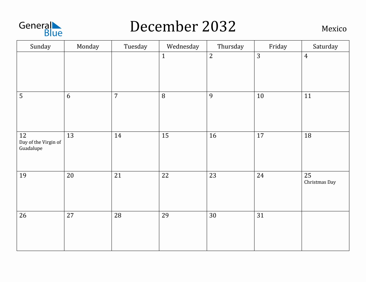 December 2032 Monthly Calendar with Mexico Holidays