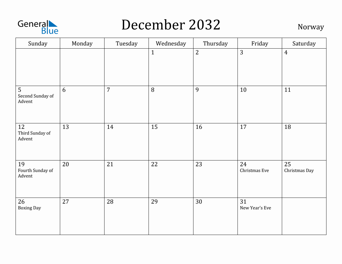 December 2032 Monthly Calendar with Norway Holidays