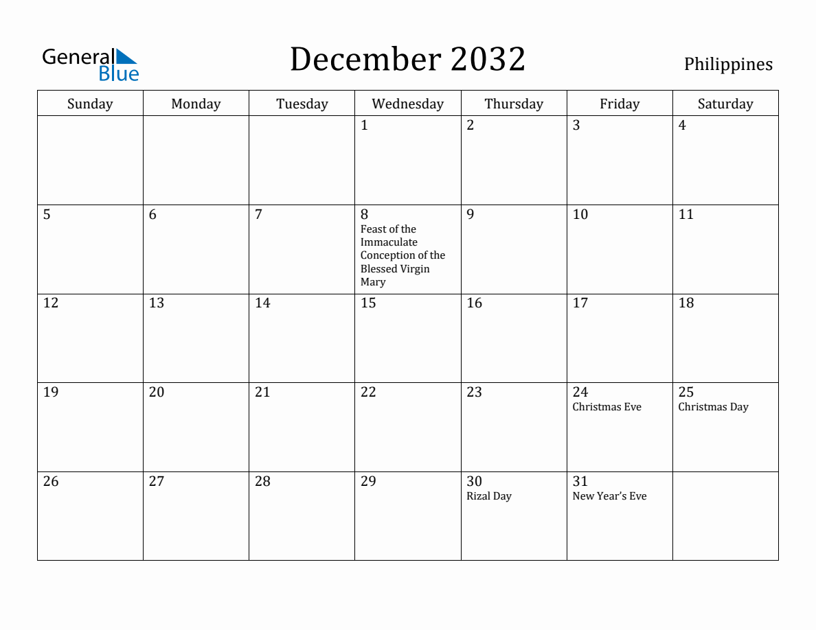 December 2032 Monthly Calendar with Philippines Holidays