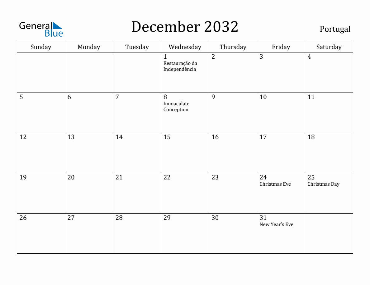 December 2032 Monthly Calendar with Portugal Holidays