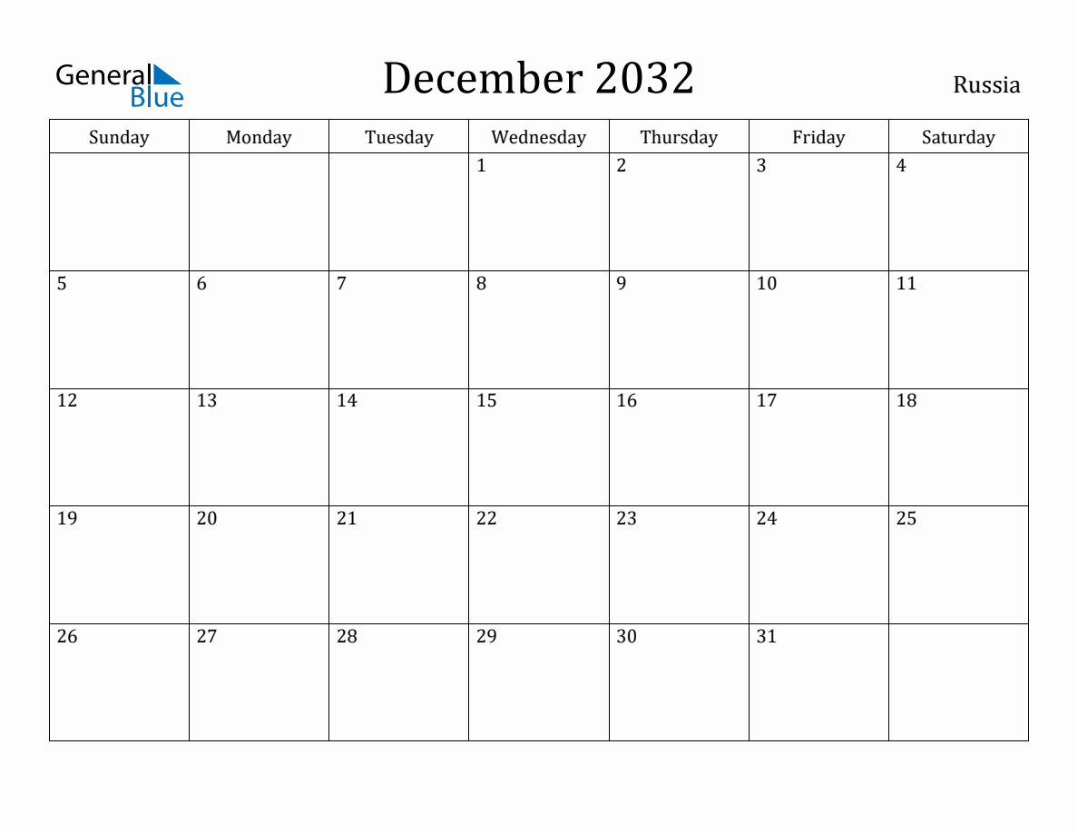 December 2032 Monthly Calendar with Russia Holidays