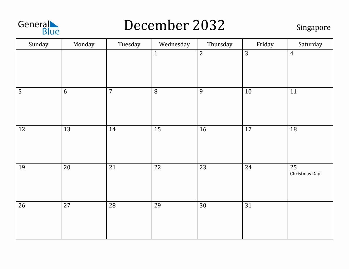 December 2032 Monthly Calendar with Singapore Holidays