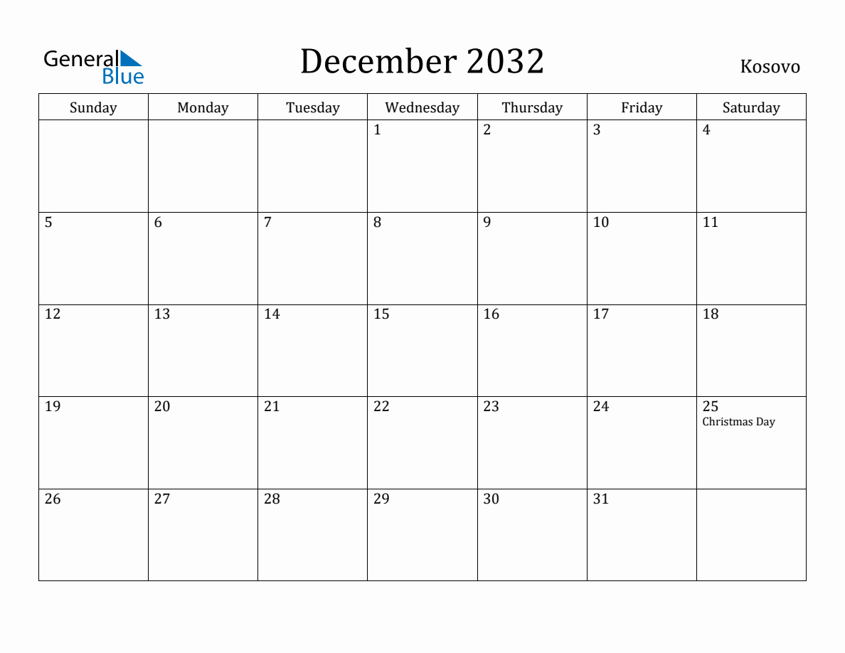 December 2032 Monthly Calendar with Kosovo Holidays