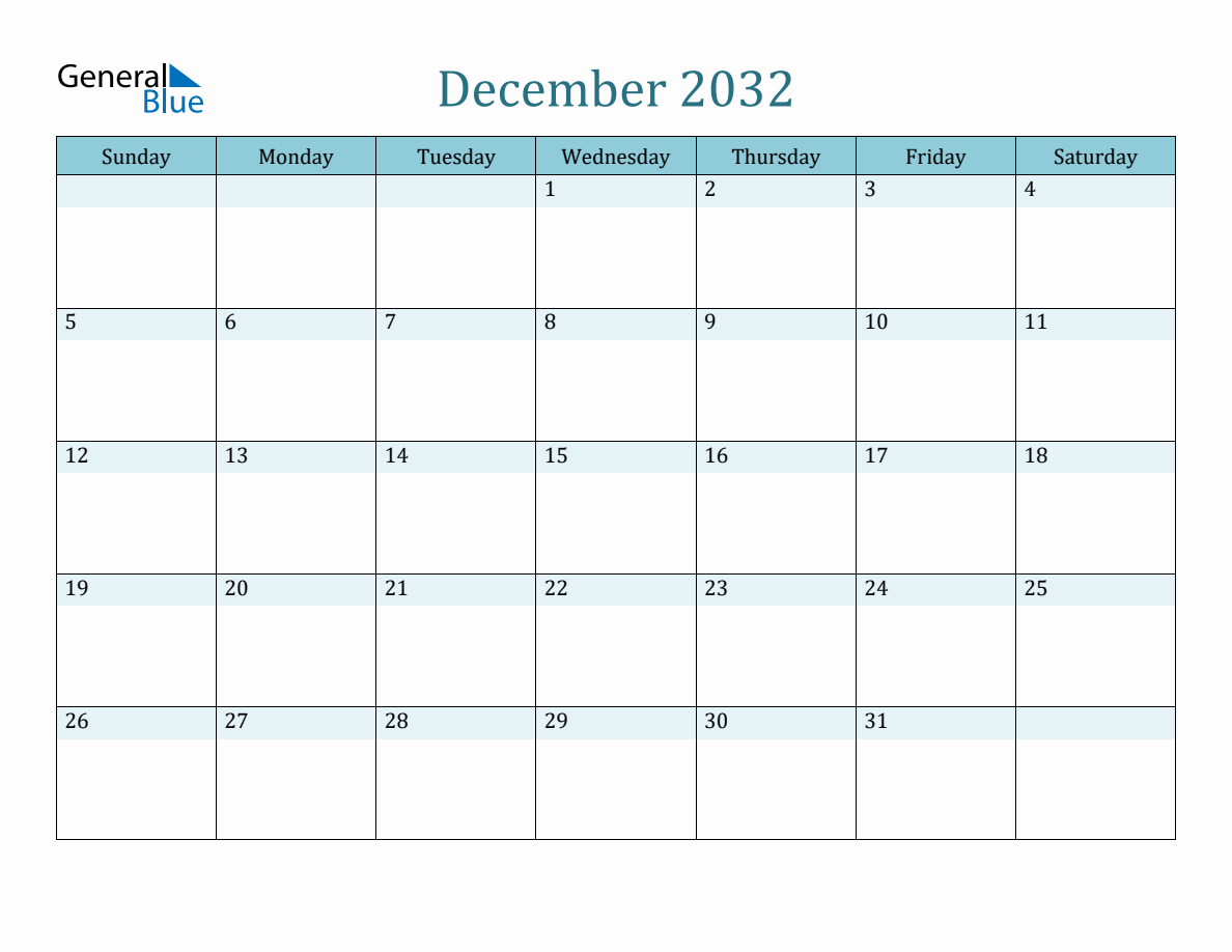 December 2032 Monthly Calendar Template