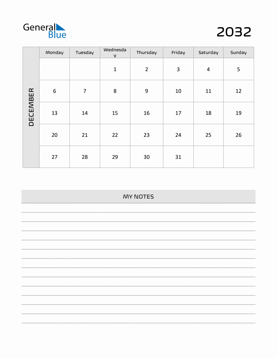 December 2032 Printable Monthly Calendar with Notes