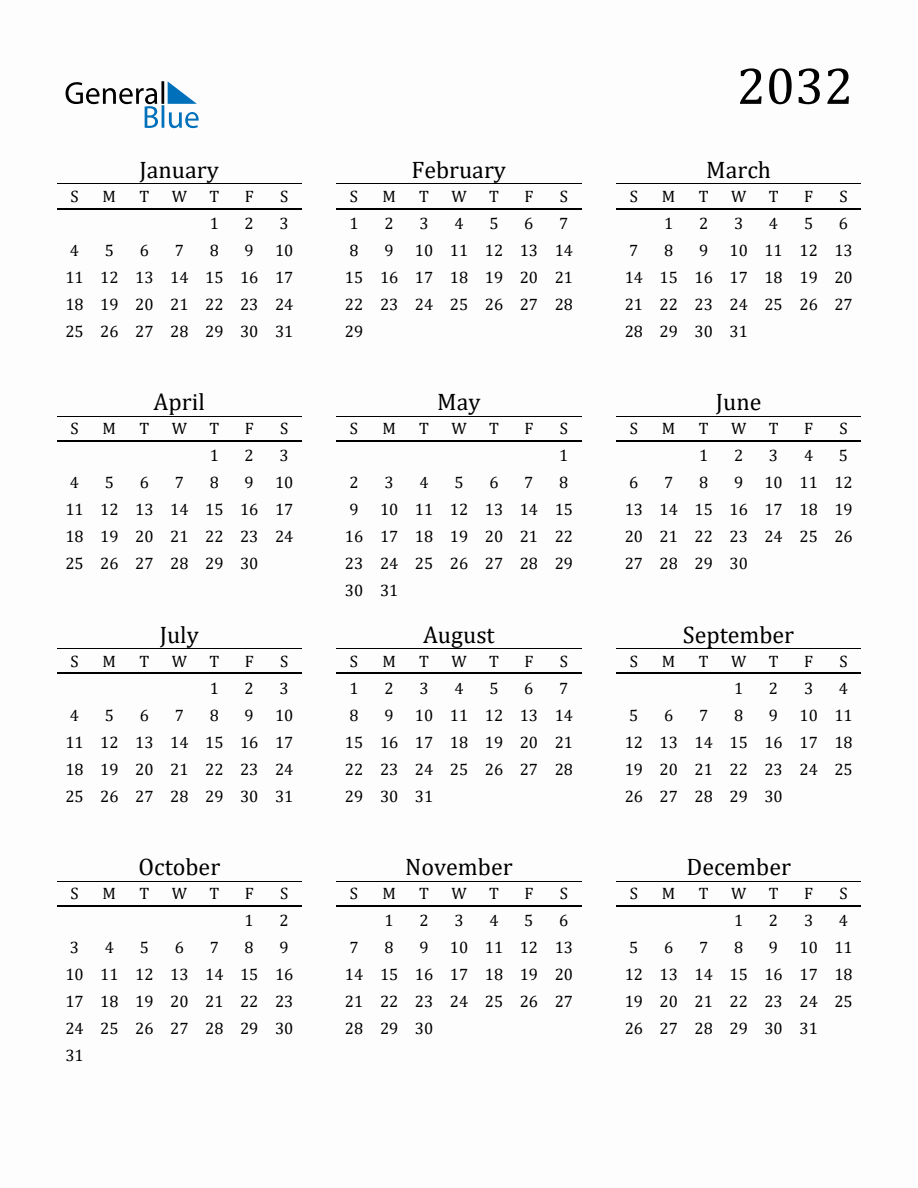 Year 2032 Free Printable 12-Month Calendar