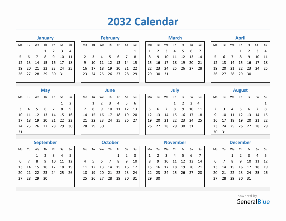 2032 Simple Yearly Calendar (PDF, Excel, Word) with Monday Start