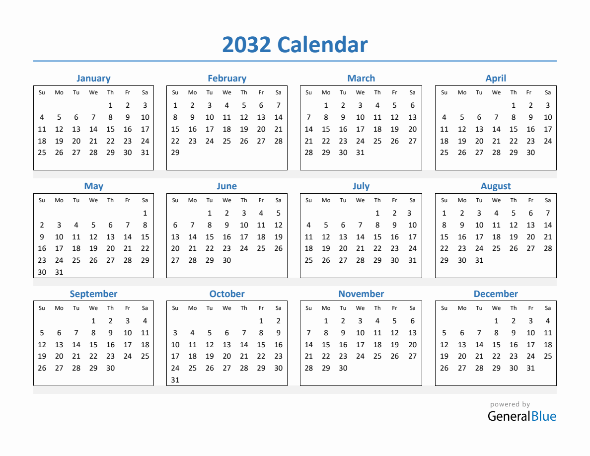 2032 Simple Yearly Calendar (PDF, Excel, Word)