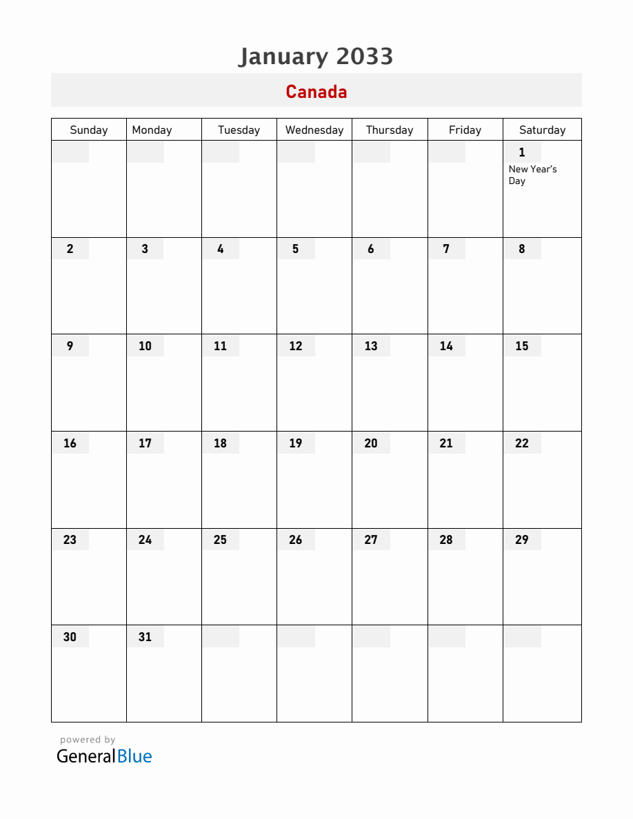 Canada January 2033 Calendar with Holidays