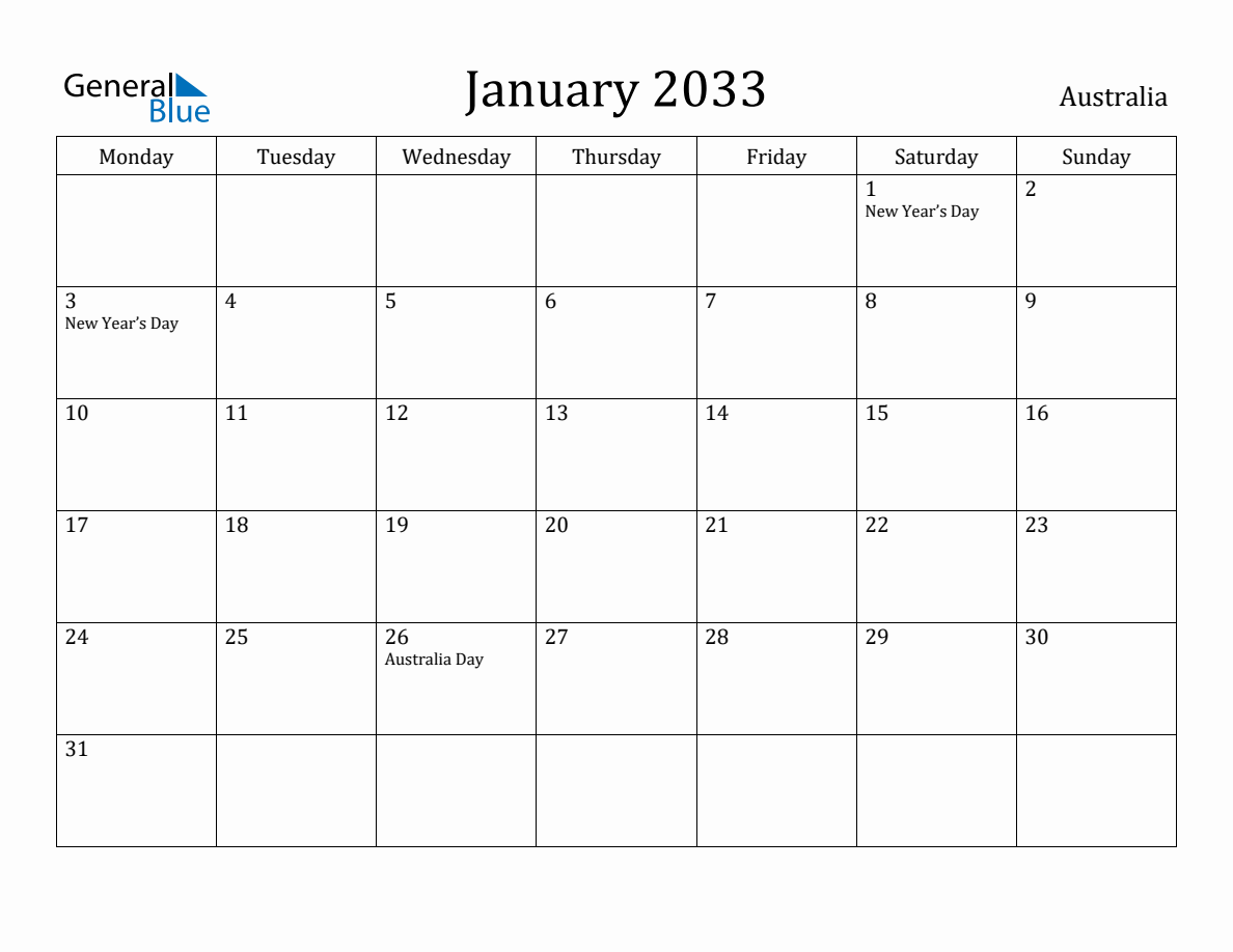 January 2033 Monthly Calendar with Australia Holidays