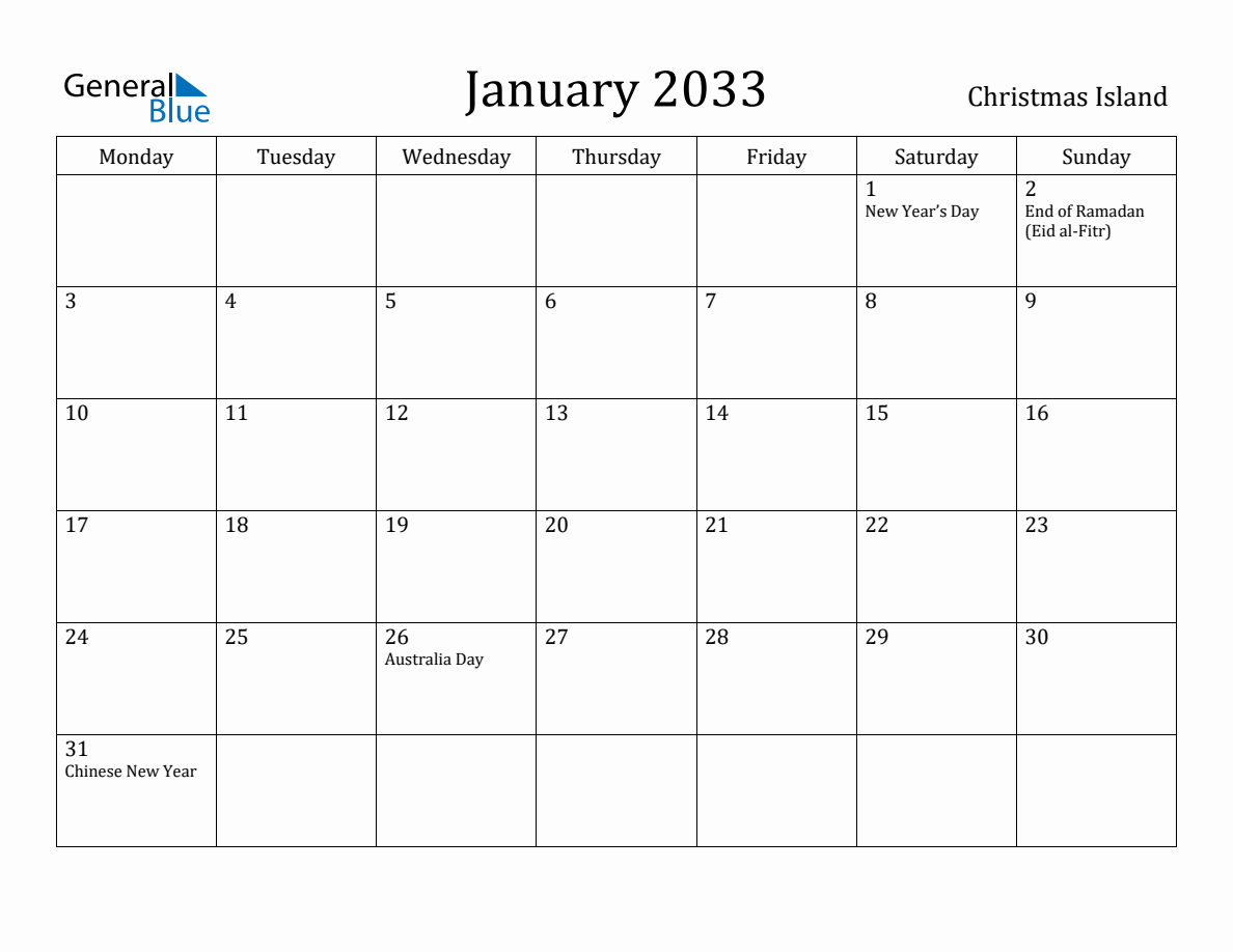 Christmas Island Monthly Calendar - January 2033 (Monday Start)