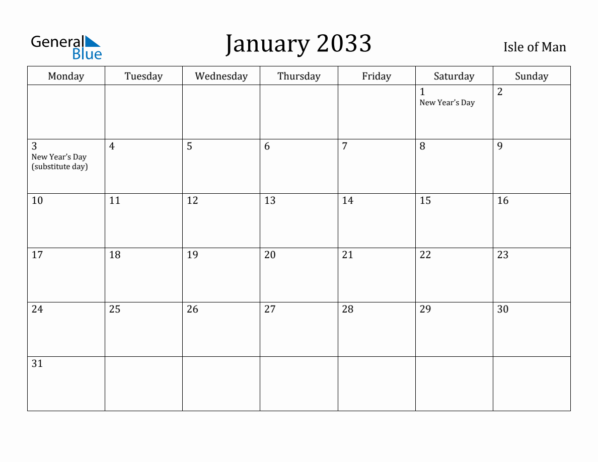 January 2033 - Isle of Man Monthly Calendar with Holidays