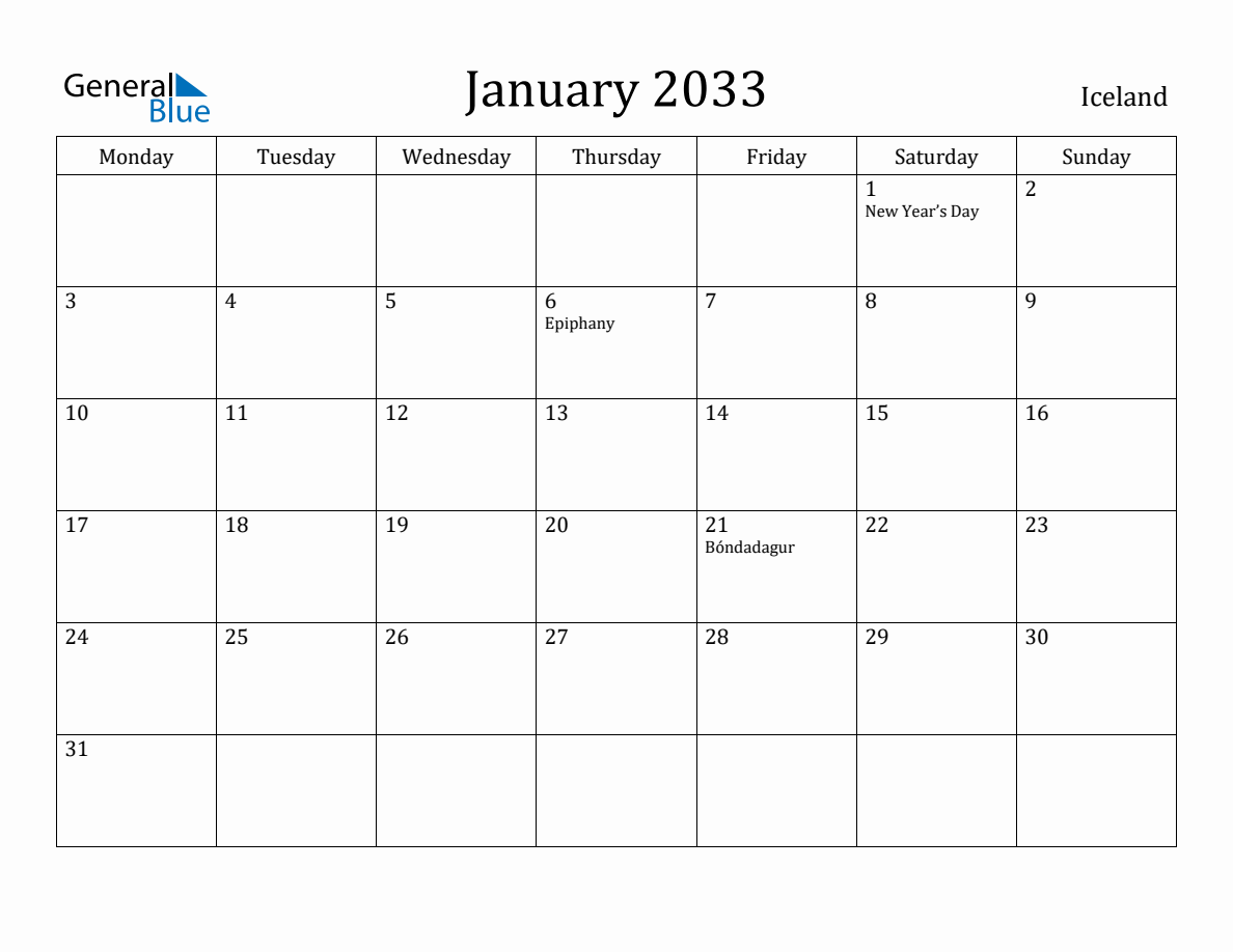 January 2033 - Iceland Monthly Calendar with Holidays