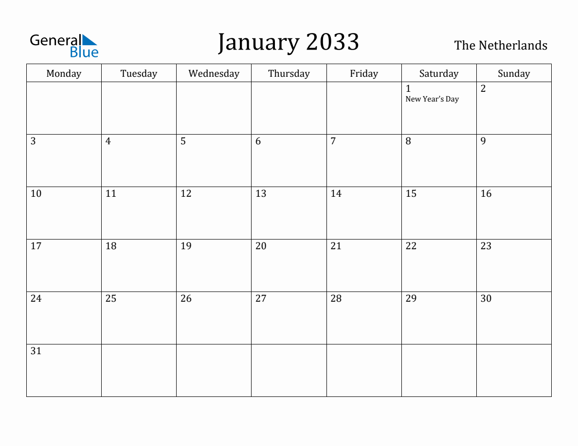 January 2033 - The Netherlands Monthly Calendar with Holidays