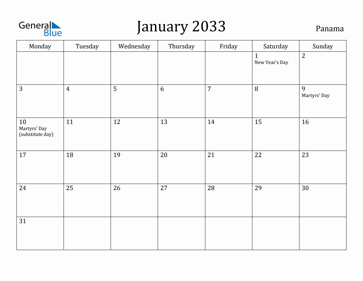 January 2033 - Panama Monthly Calendar with Holidays