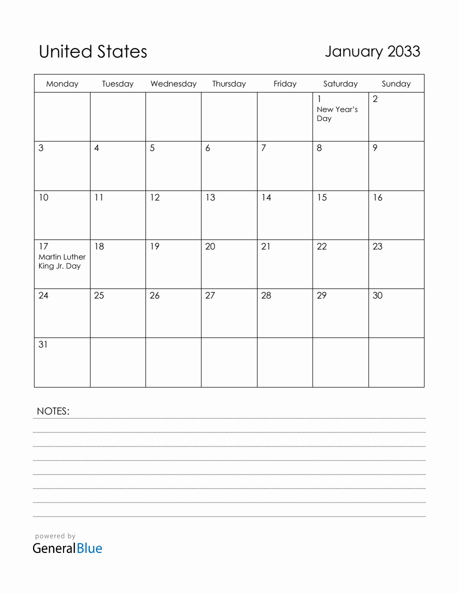 January 2033 United States Calendar with Holidays