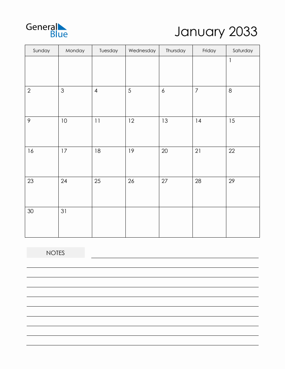January 2033 Monthly Planner Calendar