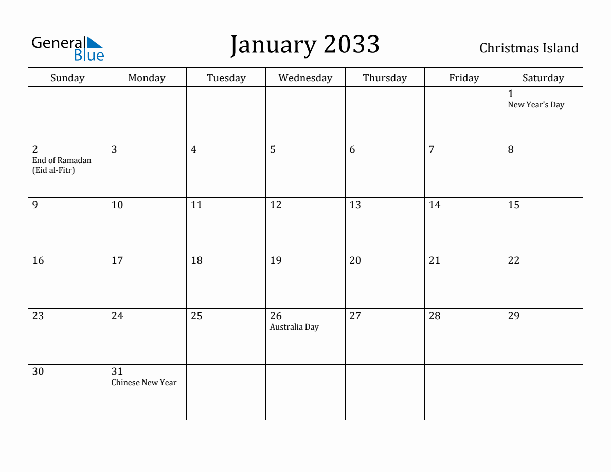 January 2033 Monthly Calendar with Christmas Island Holidays