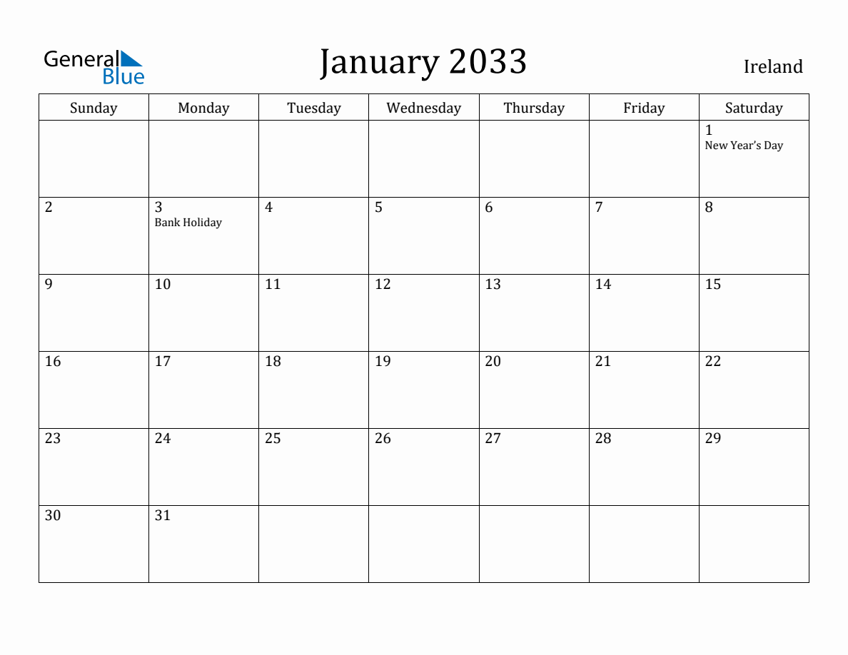January 2033 Monthly Calendar with Ireland Holidays