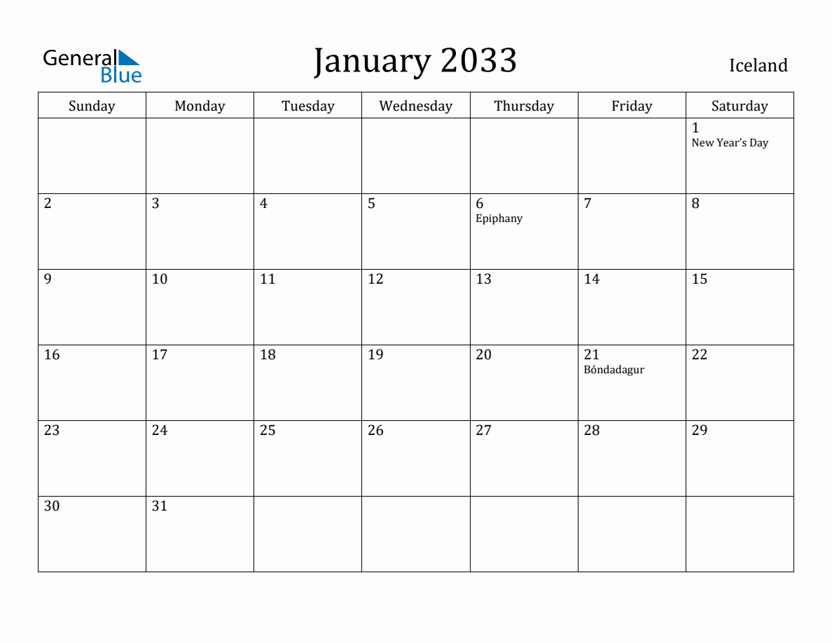 January 2033 Monthly Calendar with Iceland Holidays