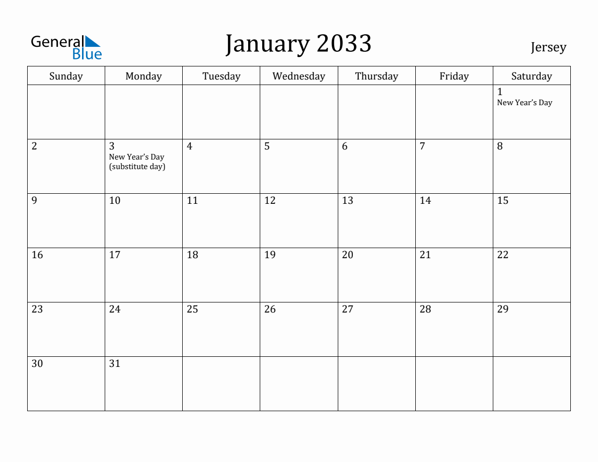 January 2033 Monthly Calendar with Jersey Holidays