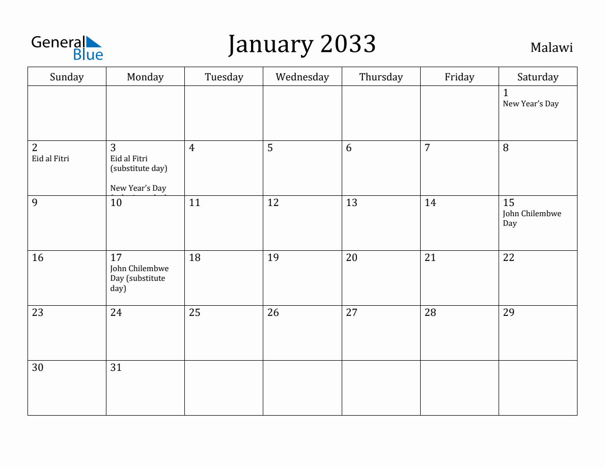 January 2033 Monthly Calendar with Malawi Holidays