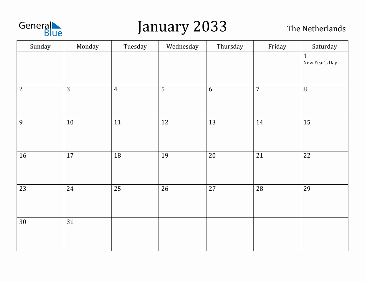 January 2033 Monthly Calendar with The Netherlands Holidays
