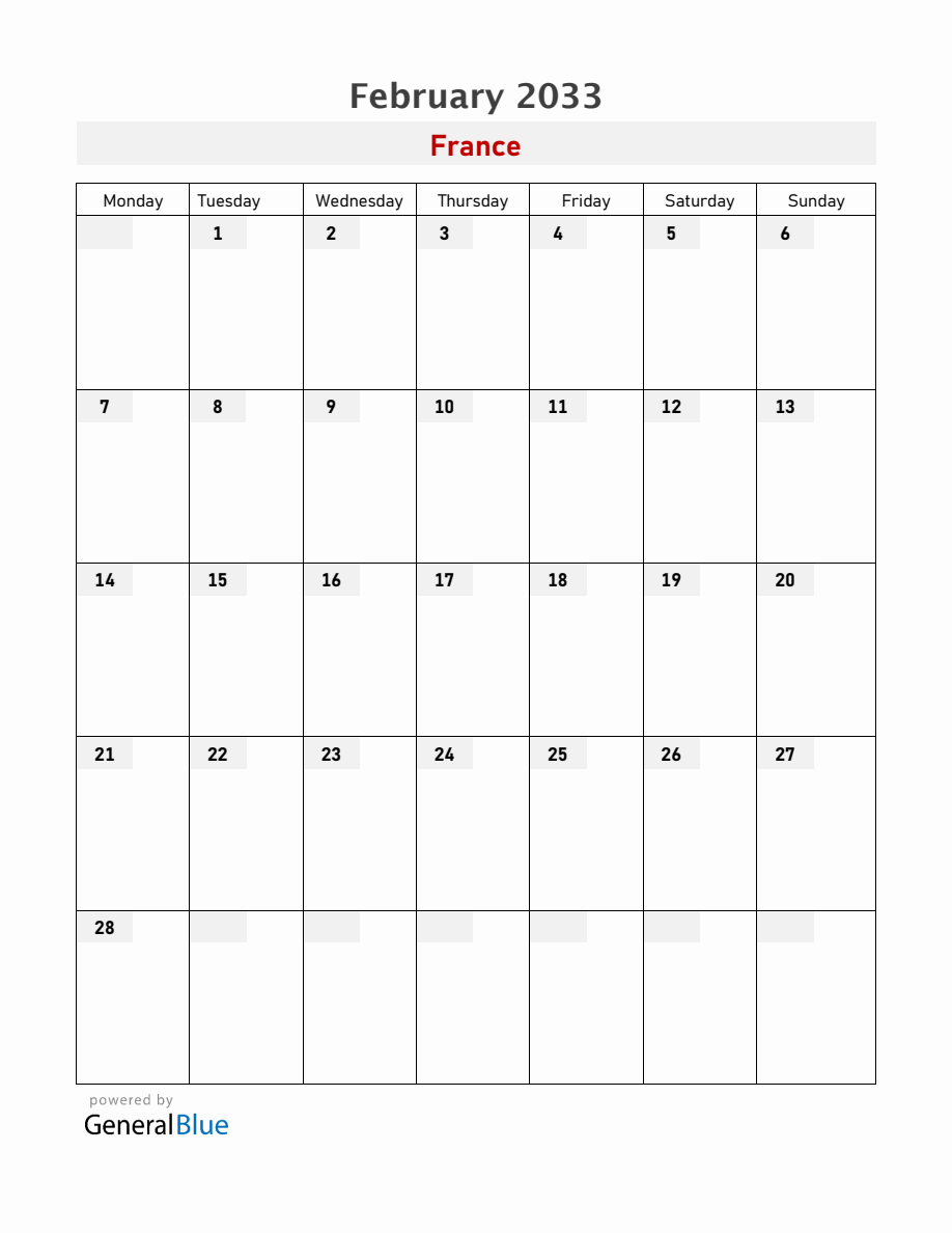 France February 2033 Calendar with Holidays