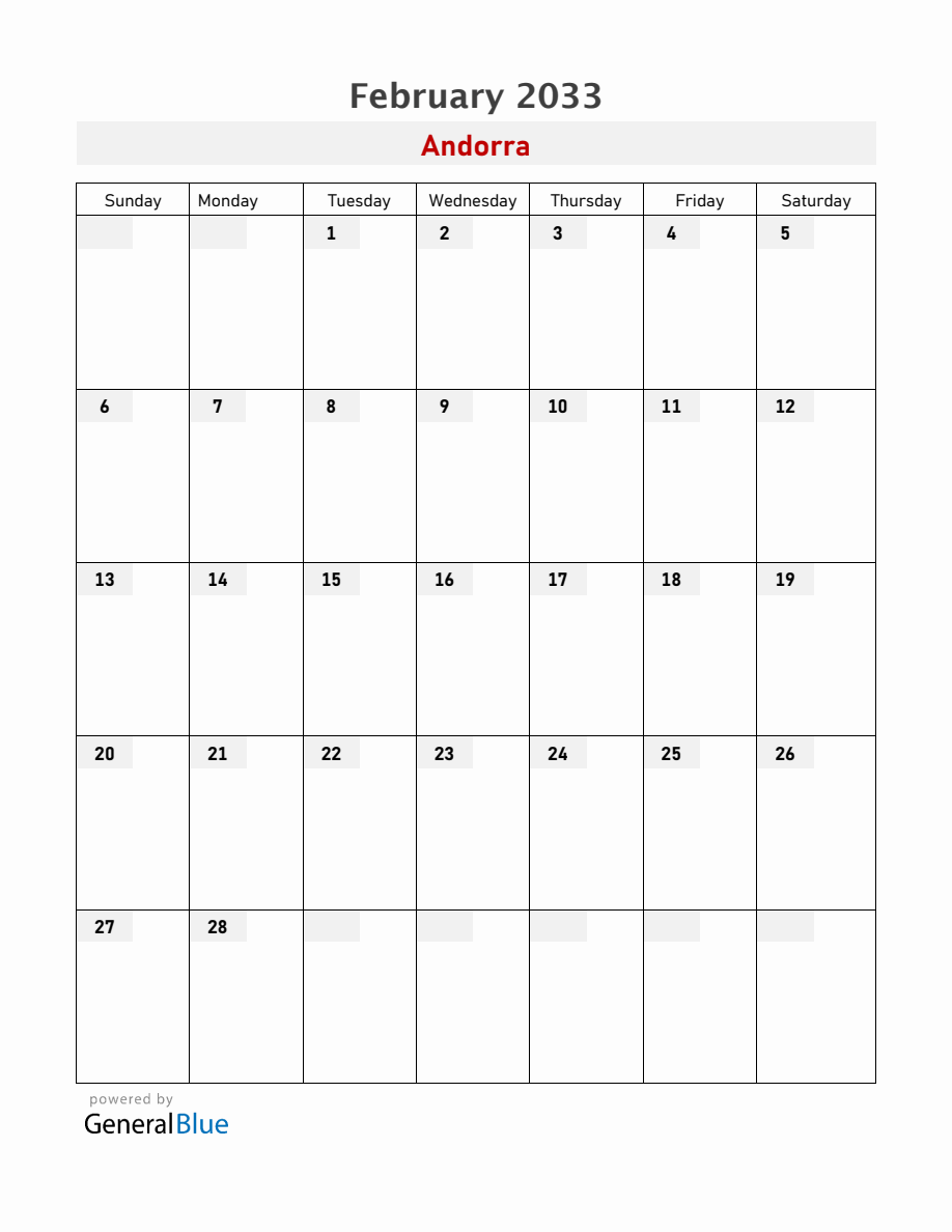 Andorra February 2033 Calendar with Holidays