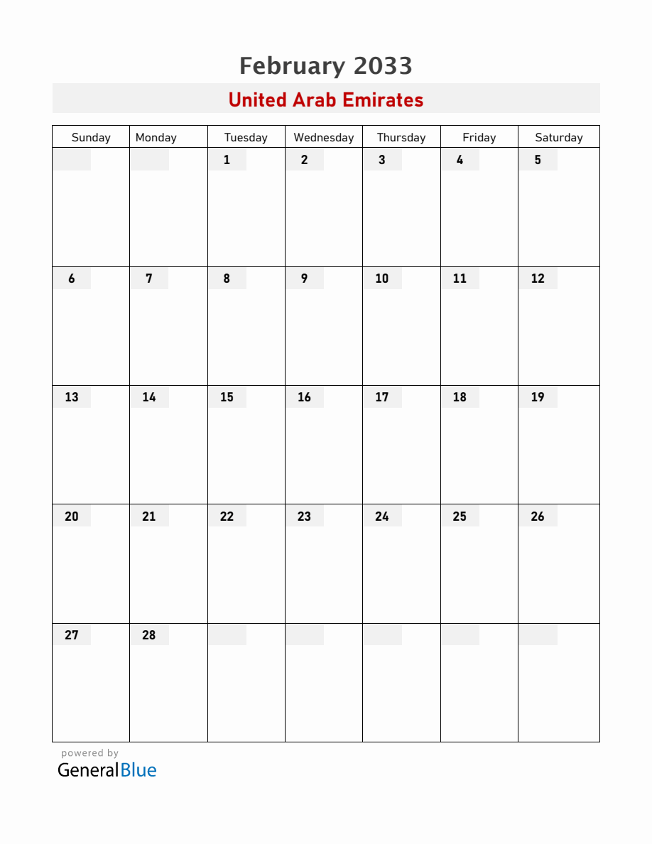 United Arab Emirates February 2033 Calendar with Holidays