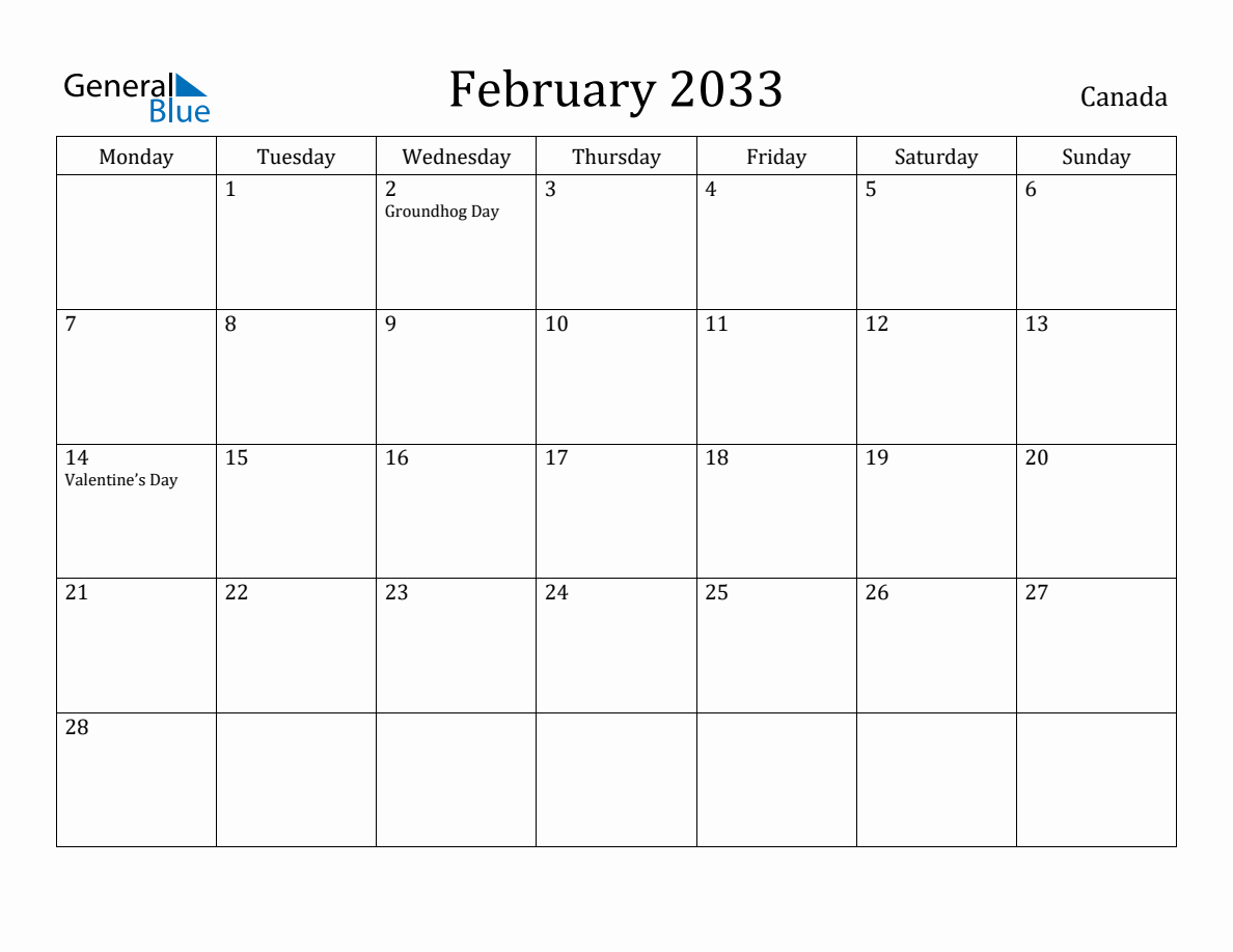 February 2033 - Canada Monthly Calendar with Holidays
