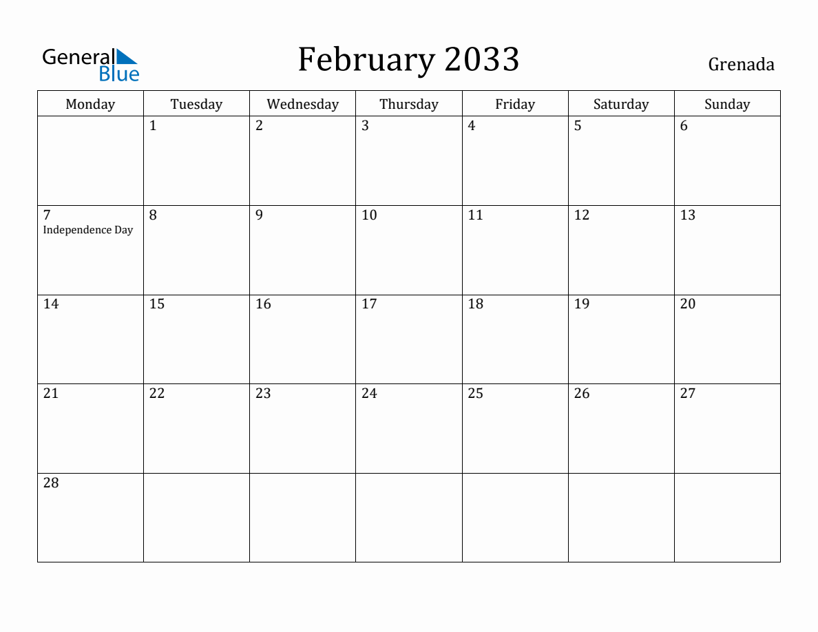 February 2033 - Grenada Monthly Calendar with Holidays
