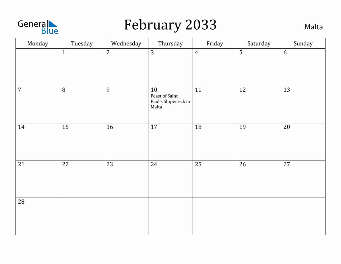 February 2033 - Malta Monthly Calendar with Holidays