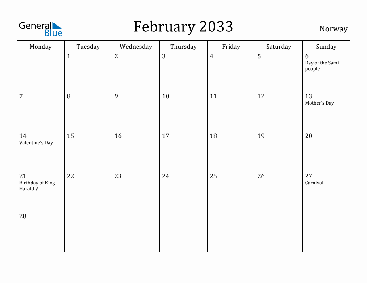 February 2033 - Norway Monthly Calendar with Holidays