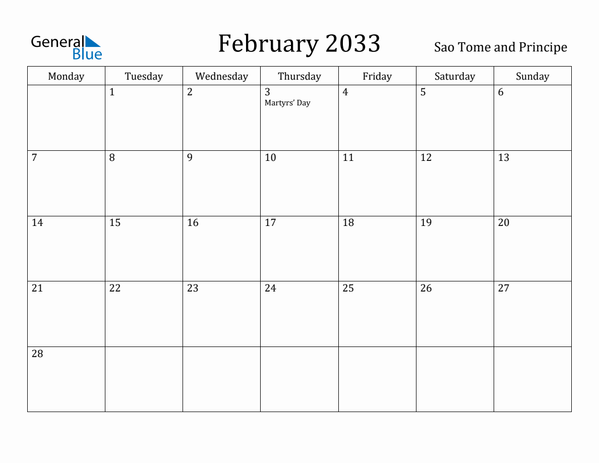 February 2033 Monthly Calendar with Sao Tome and Principe Holidays ...