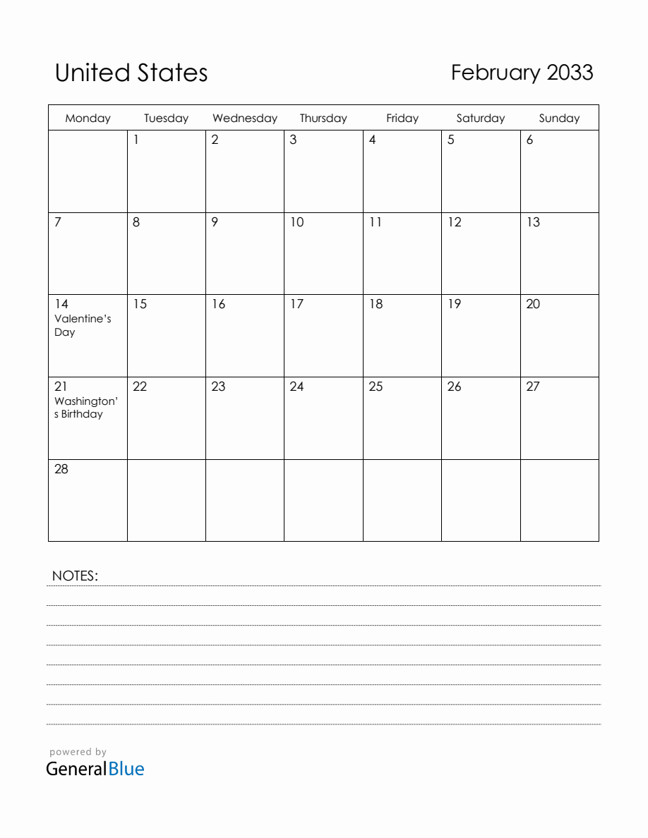 February 2033 United States Calendar with Holidays