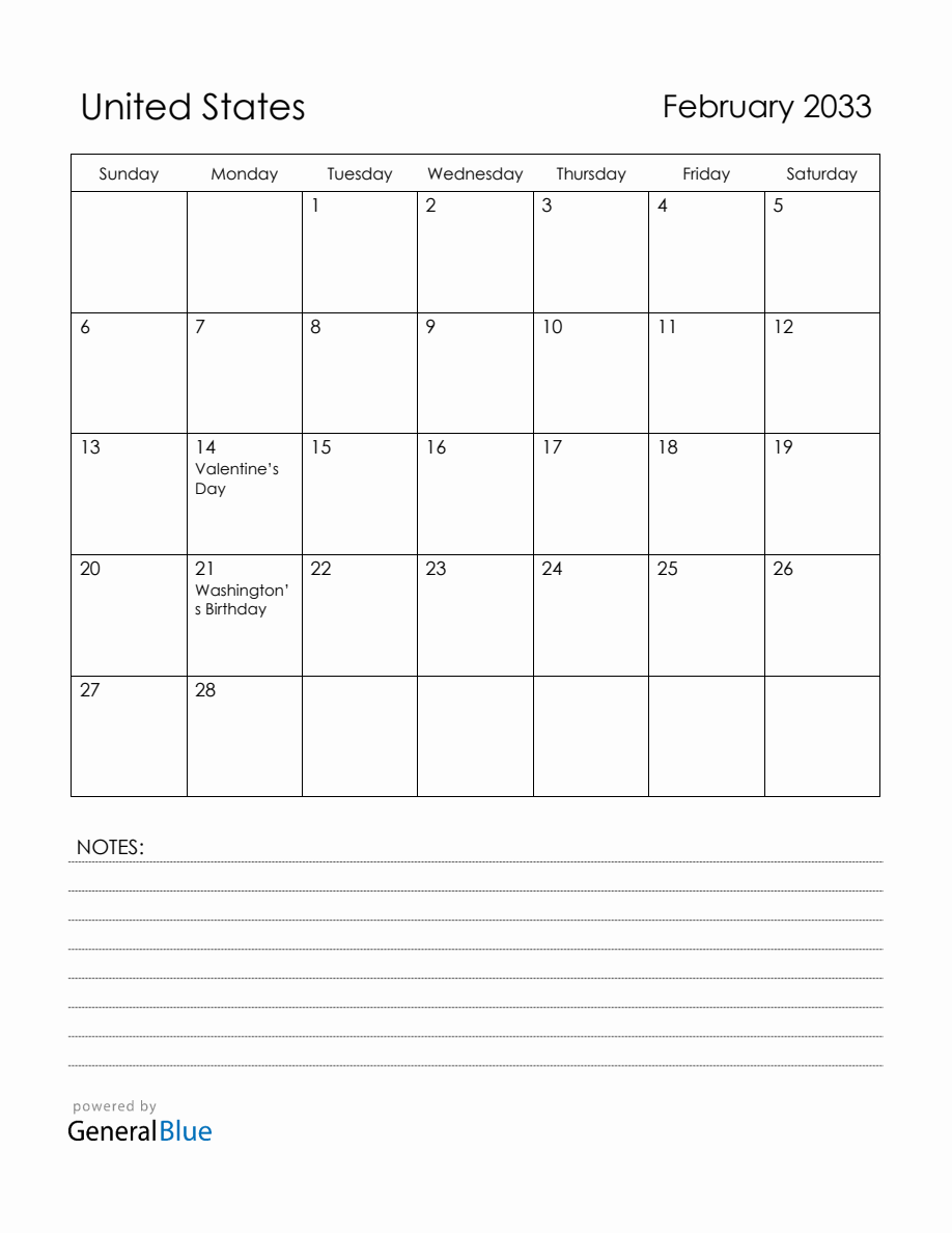 February 2033 United States Calendar with Holidays
